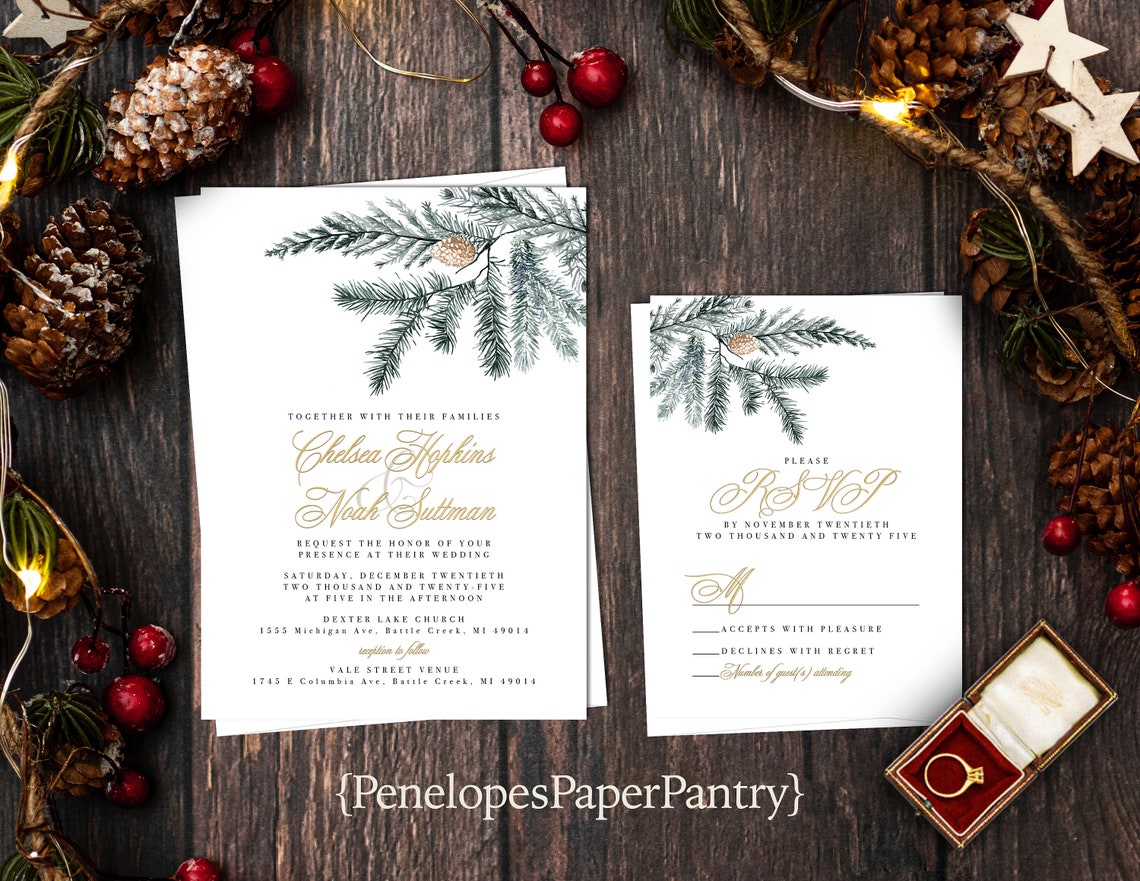 Elegant Rustic Winter Wedding Invitationevergreen - Etsy