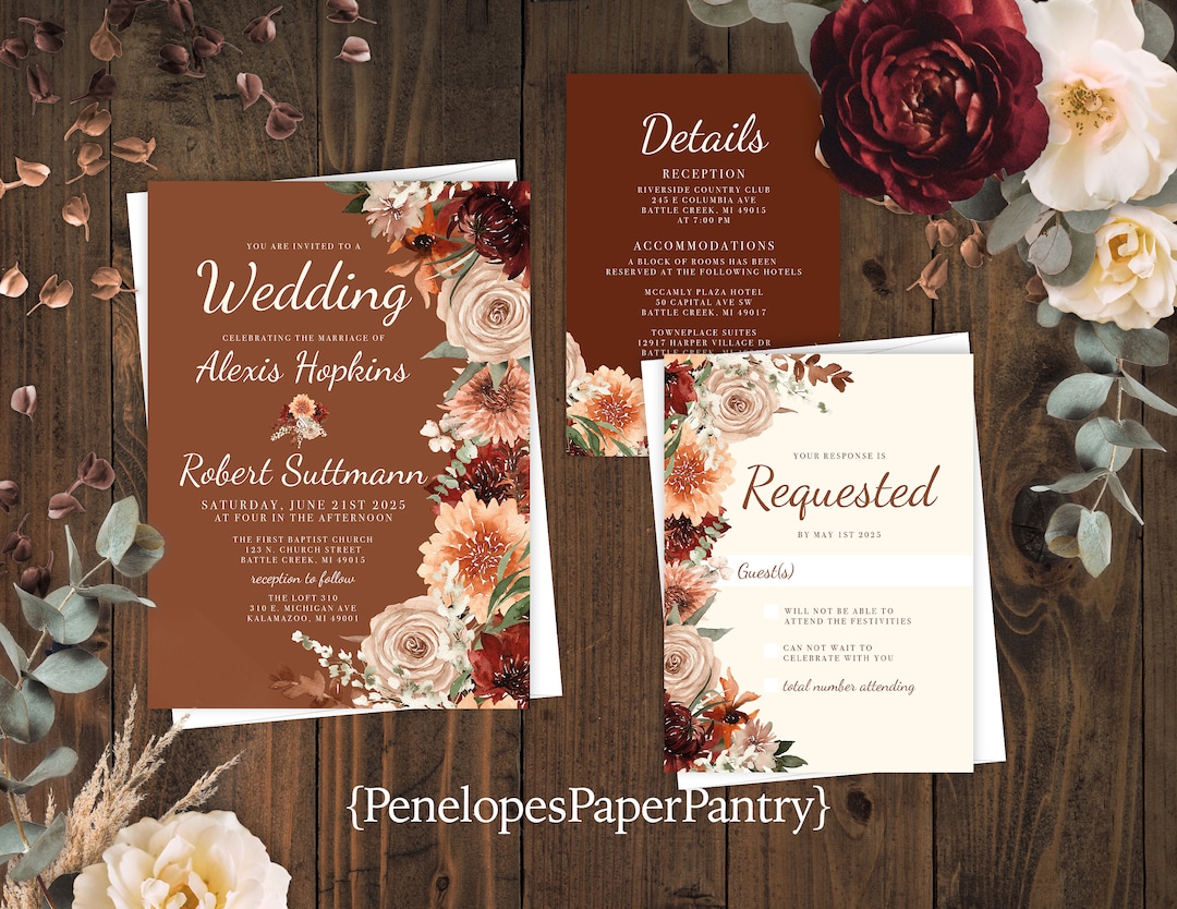 Terracotta Fall Wedding Invitation,fall Wedding Invite,burnt Orange ...