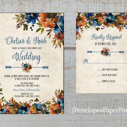 Orange Floral Wedding Invitation Editable Template Rustic | Etsy