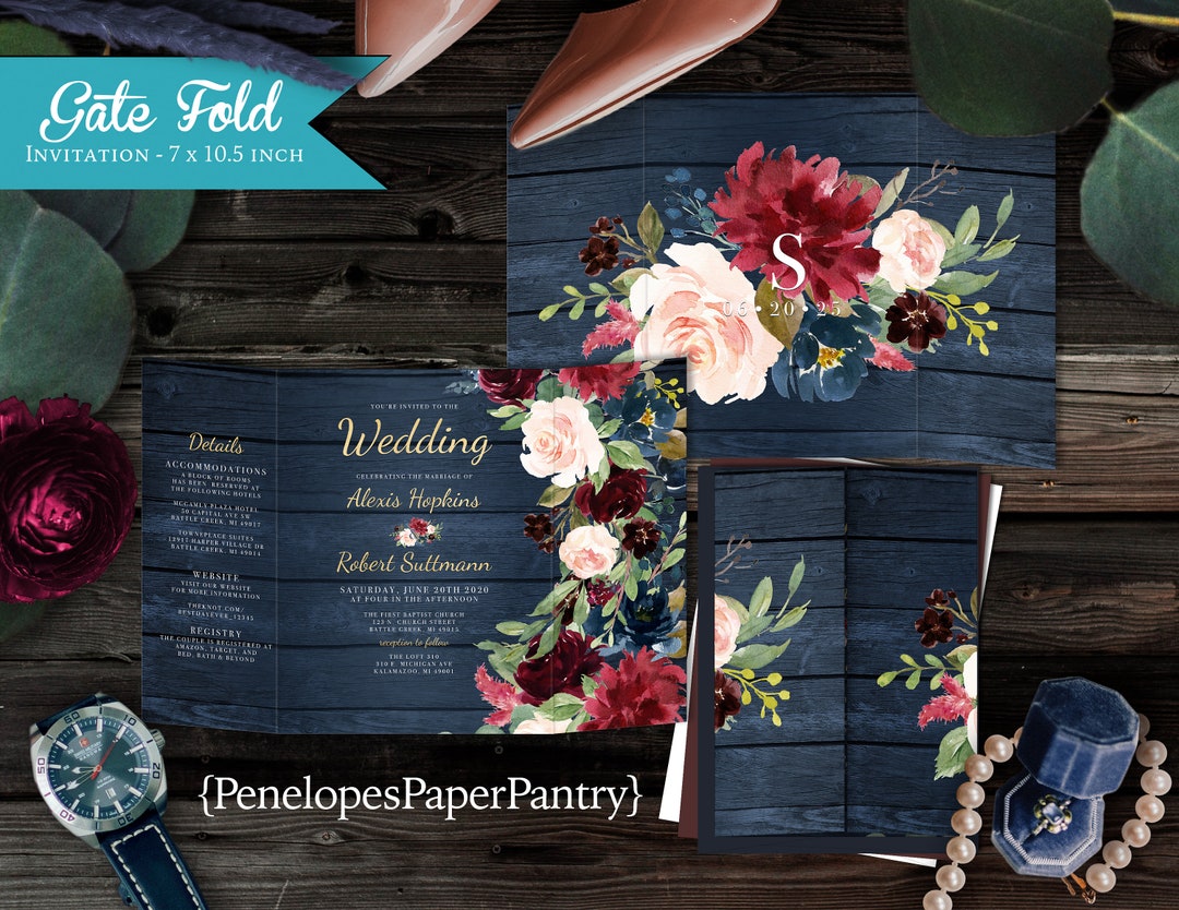 Rustic Wedding Invitation,navy Floral Wedding Invite,gatefold Wedding ...