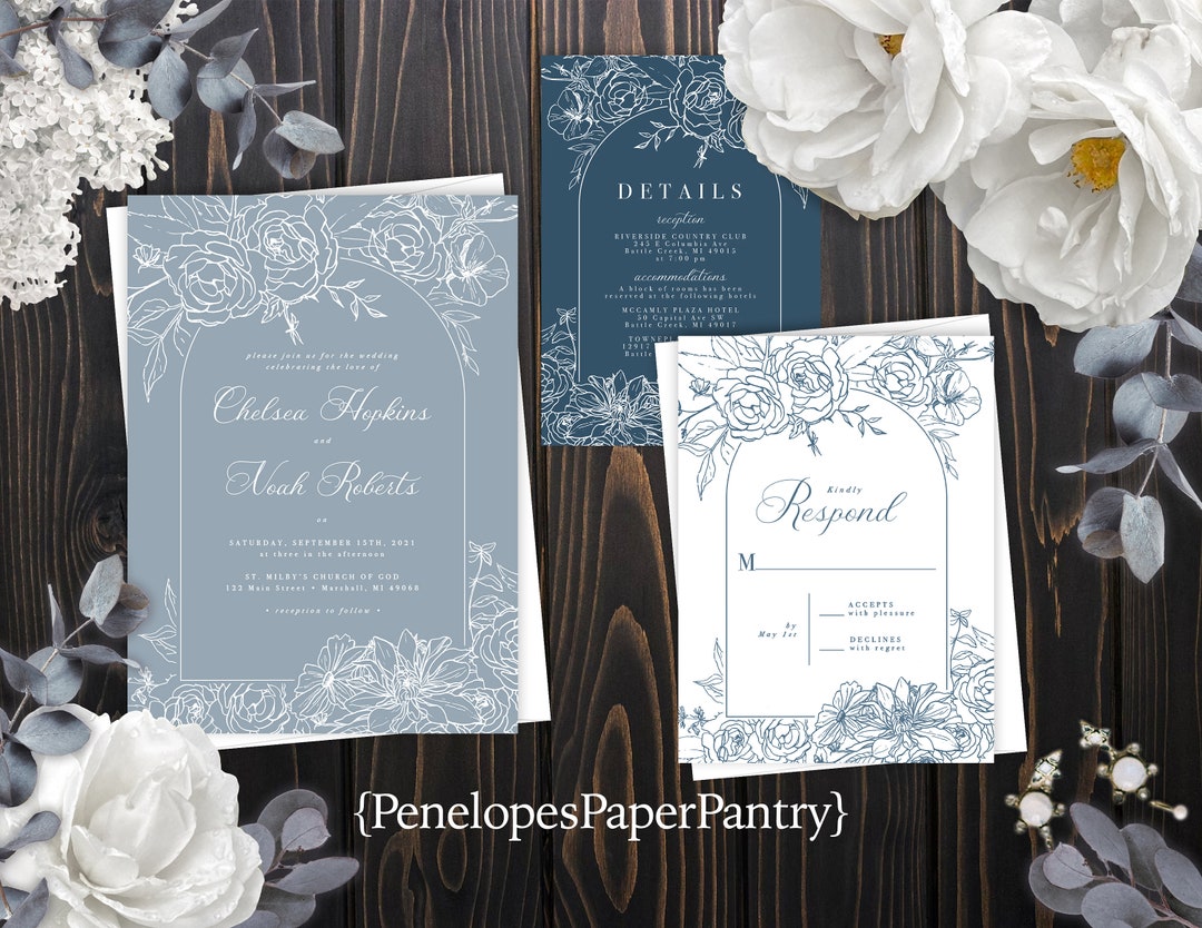 Personalized Dusty Blue Wedding Invitation,printed Wedding Invite ...