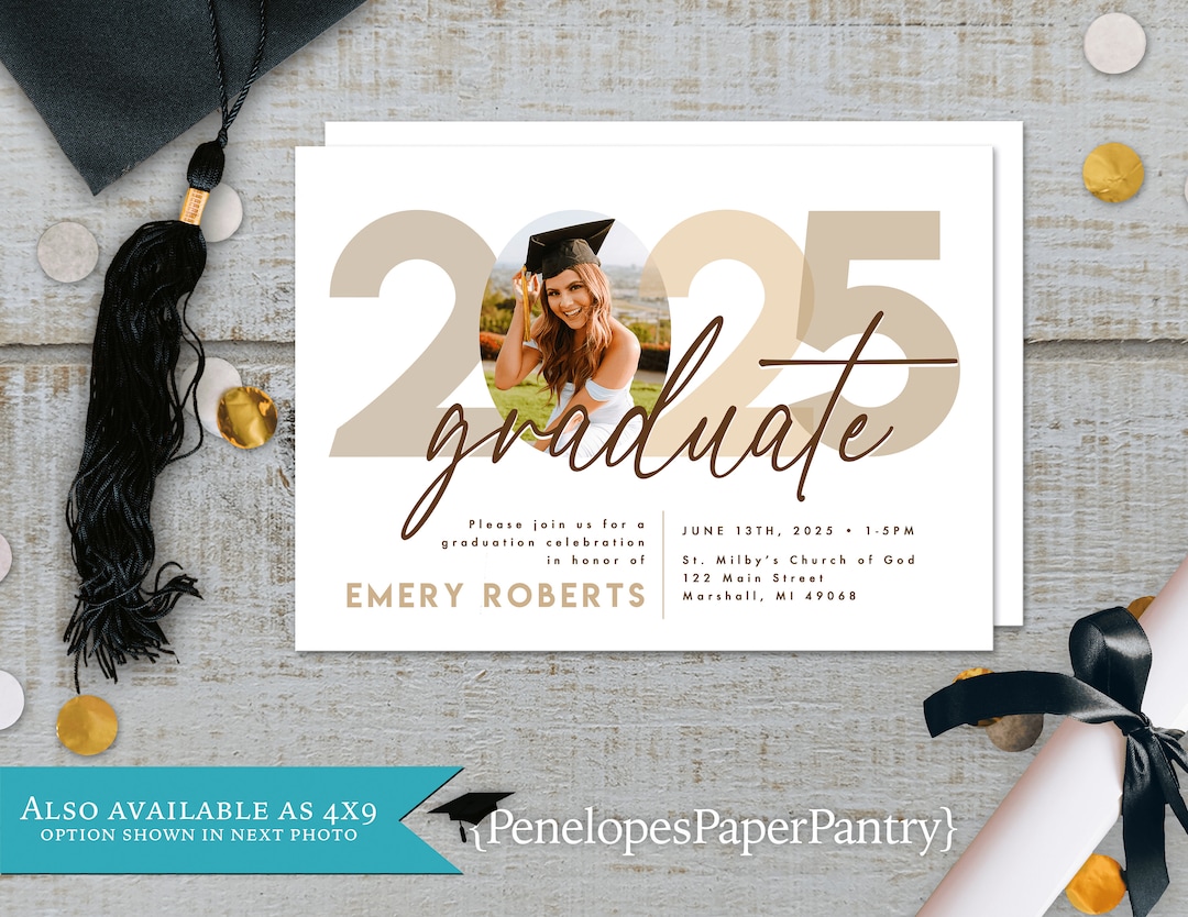 Beige Graduation Photo Party Invitation Announcement One Photo Neutral ...
