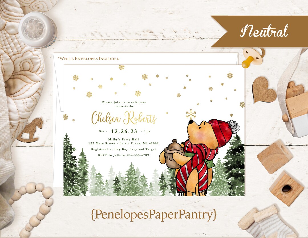 Winter Winnie the Pooh Bear Baby Shower Invitation Honey Pot Snowflakes ...