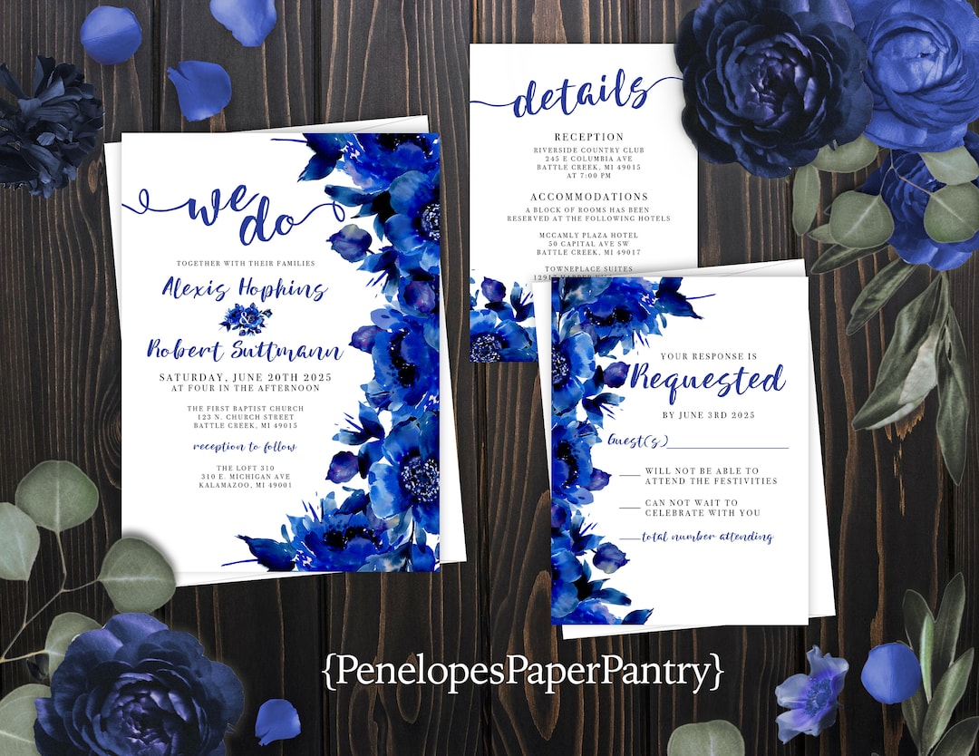 Sapphire Blue Floral Wedding Invitation, Personalized Calligraphy - Etsy UK