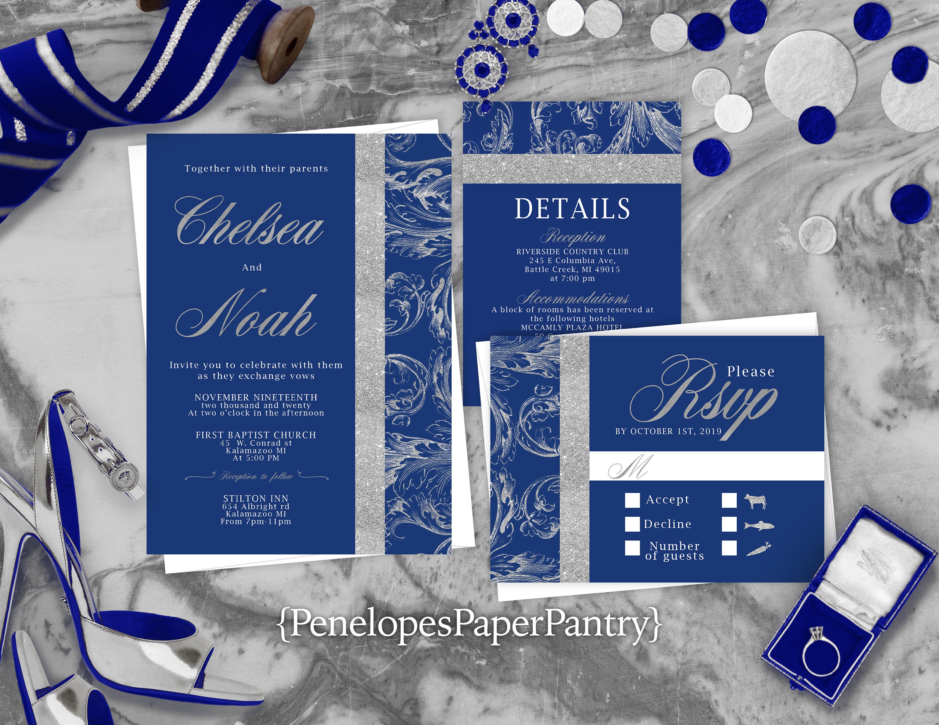 Royal Blue And Silver Wedding Invitations