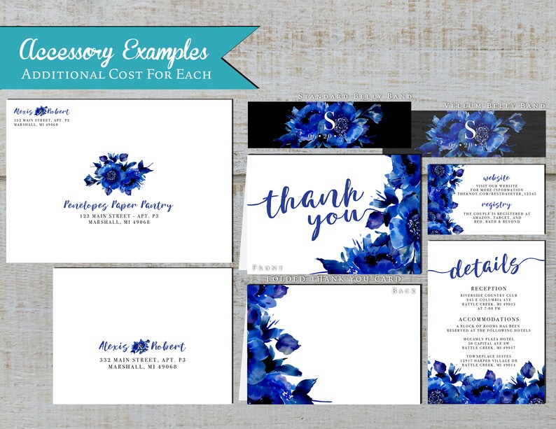 Sapphire Blue Floral Wedding Invitation, Personalized Calligraphy - Etsy UK