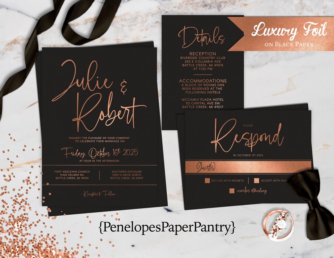 Black and Copper Foil Wedding Invitation Set: Modern Calligraphy - Etsy