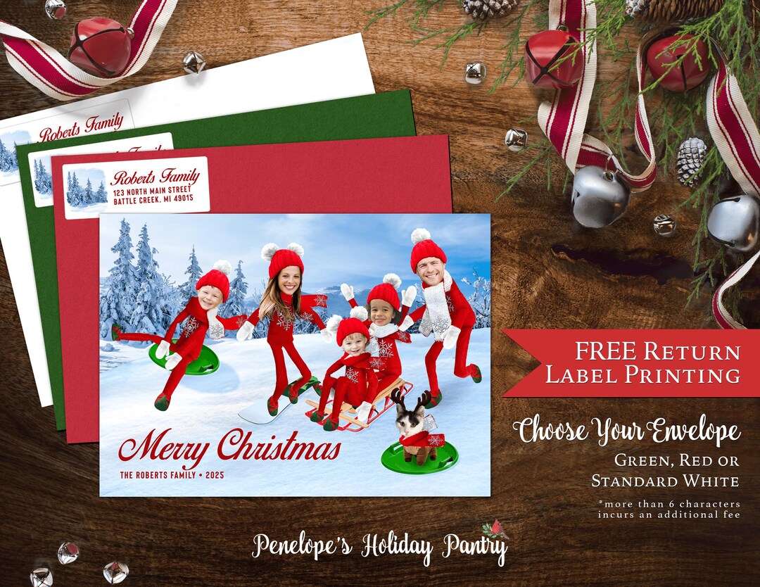 Funny Sledding Elves Christmas Photo Card Personalized Snow Boarding ...