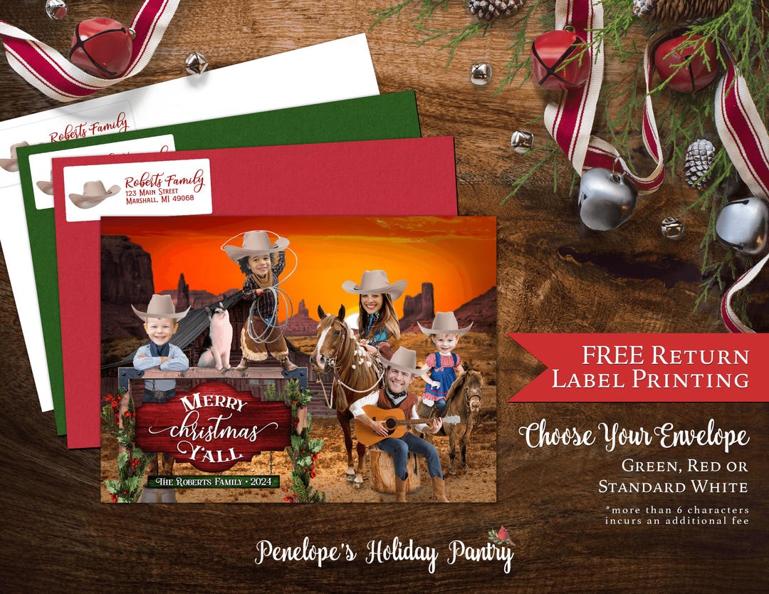 Funny Wild West Christmas Family Photo Card Personalized Cowboys Horses ...