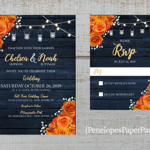 Orange Floral Wedding Invitation Editable Template Rustic - Etsy