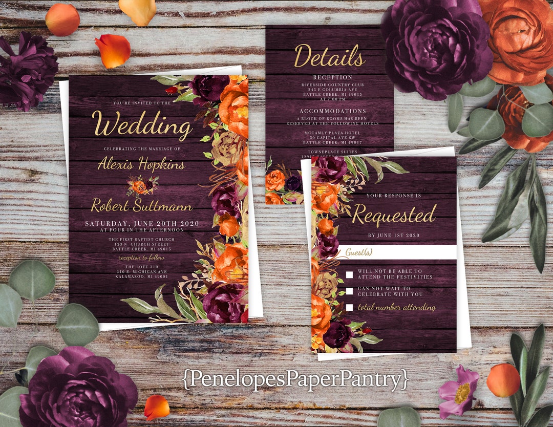 Rustic Purple and Orange Floral Fall Wedding Invitation Personalized ...