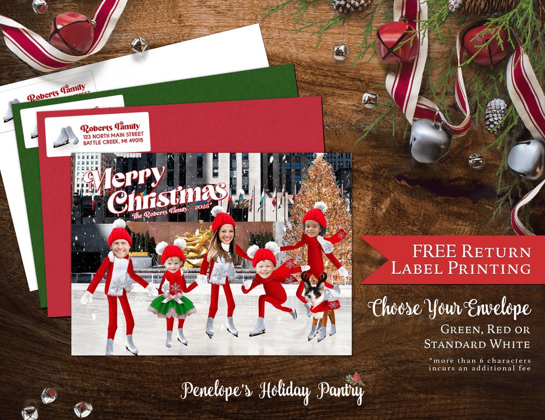 Funny Ice Skating Elves Christmas Photo Card Personalized Rockefeller ...