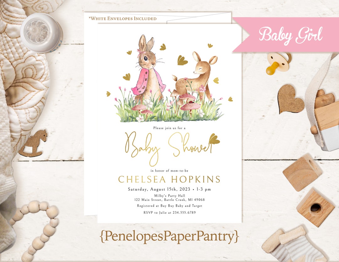 Flopsy Rabbit Baby Girl Shower Invitation Flopsy Bunny Woodland ...