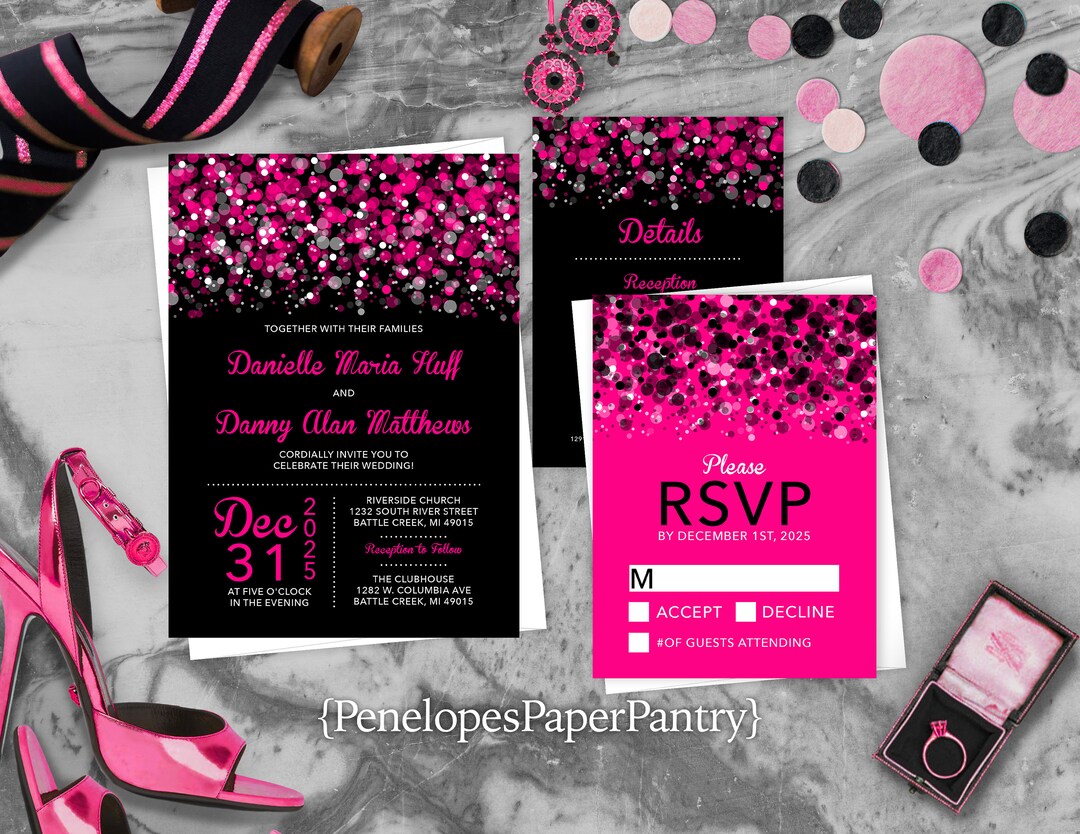 Chic Hot Pink and Black Wedding Invitation,hot Pink,black,wedding ...