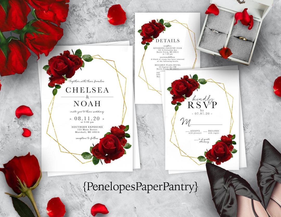 Elegant Red Rose Summer Wedding Invitation Personalized Gold Geometric ...