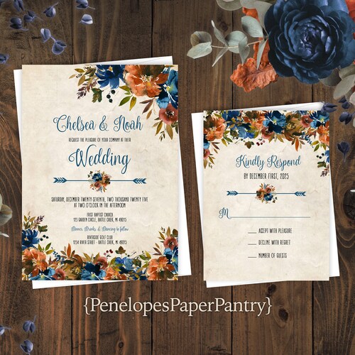 Orange Floral Wedding Invitation Editable Template Rustic - Etsy