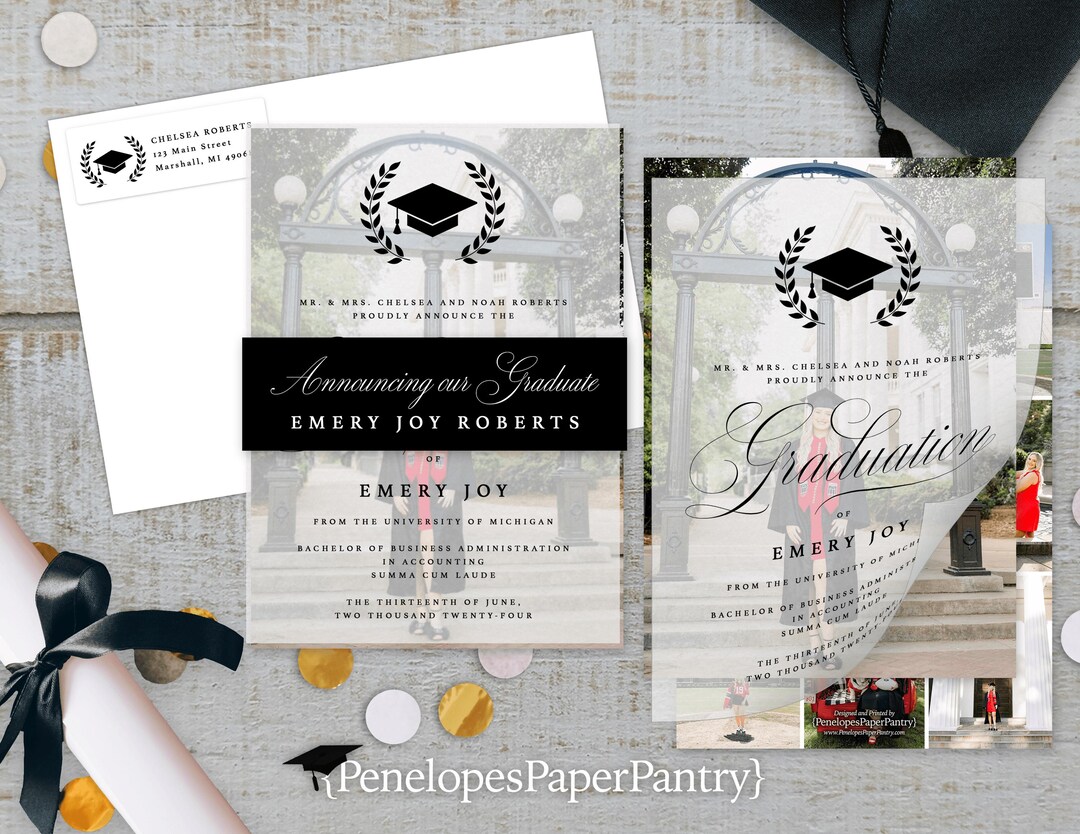 Elegant Vellum Graduation Announcement Photo Collage Card Belly Band ...