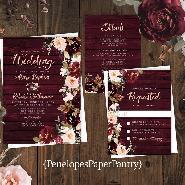 Burgundy Invitation Template - Etsy