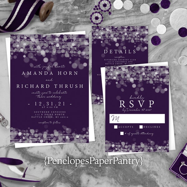 Purple and Silver Digital Wedding Invitation - Etsy