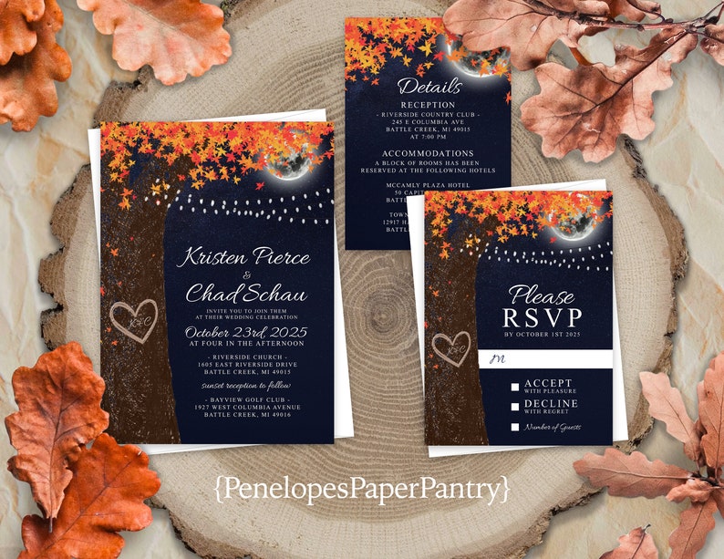 Rustic Fall Wedding Invitation, Navy Night Sky, Oak Tree, Fairy Lights ...