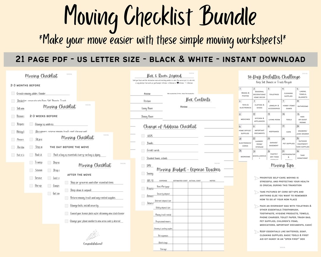 Printable Moving Checklist Bundle for Stress-free Relocation / Simple ...