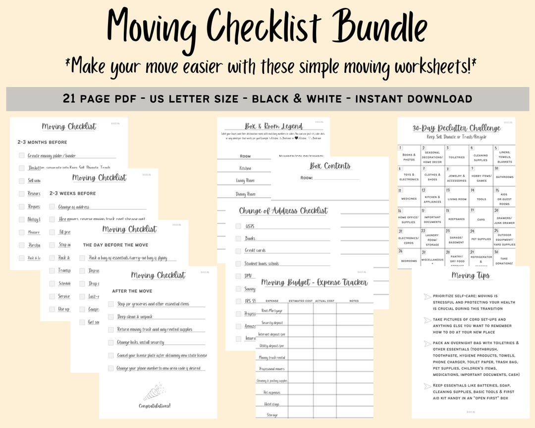 Printable Moving Checklist Bundle for Stress-free Relocation / Simple ...