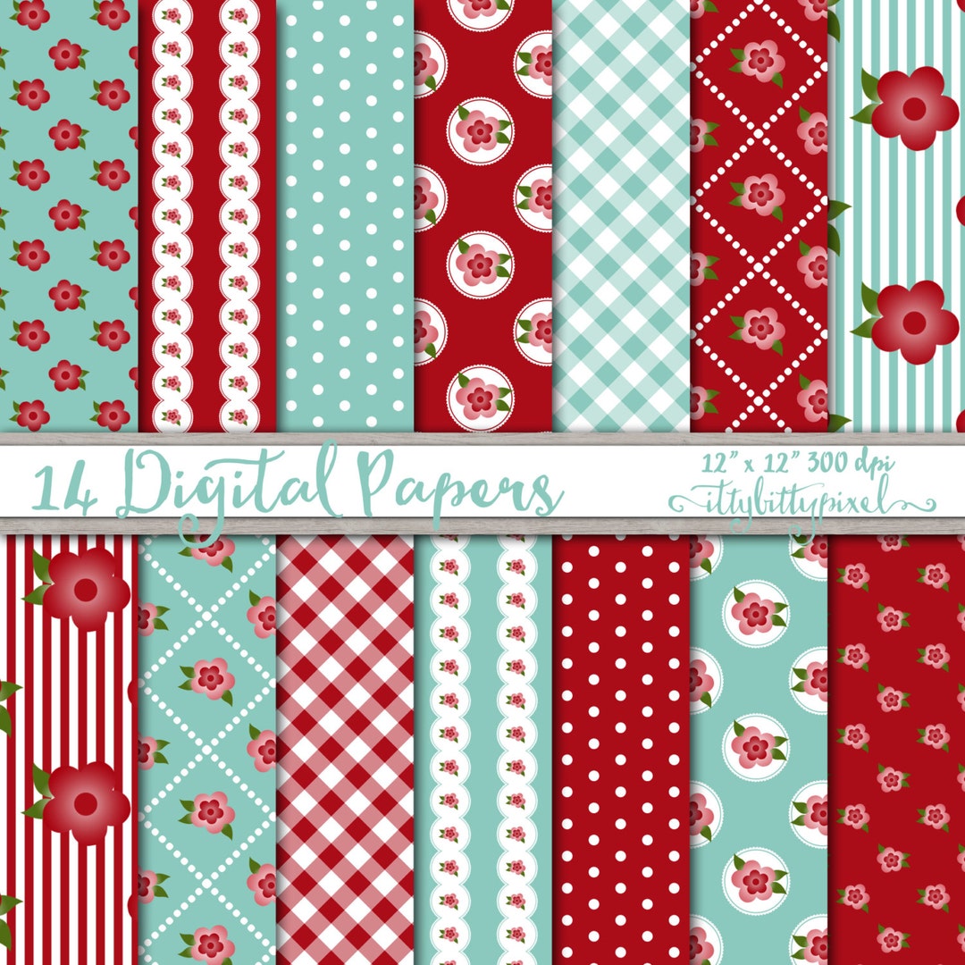 Red Blue Pink Shabby Chic Scrapbook Paper Shabby Chic Digital Paper ...