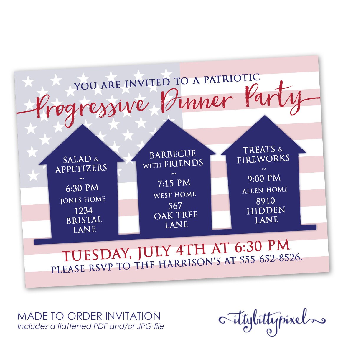 Progressive Dinner Party Invitation - Patriotic Fourth of July 4th ...