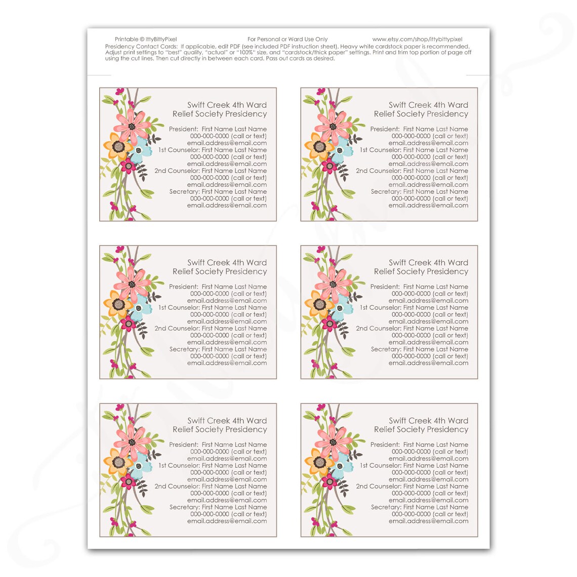 Relief Society Presidency Contact Cards - LDS Editable PDF PRINTABLE Rs ...