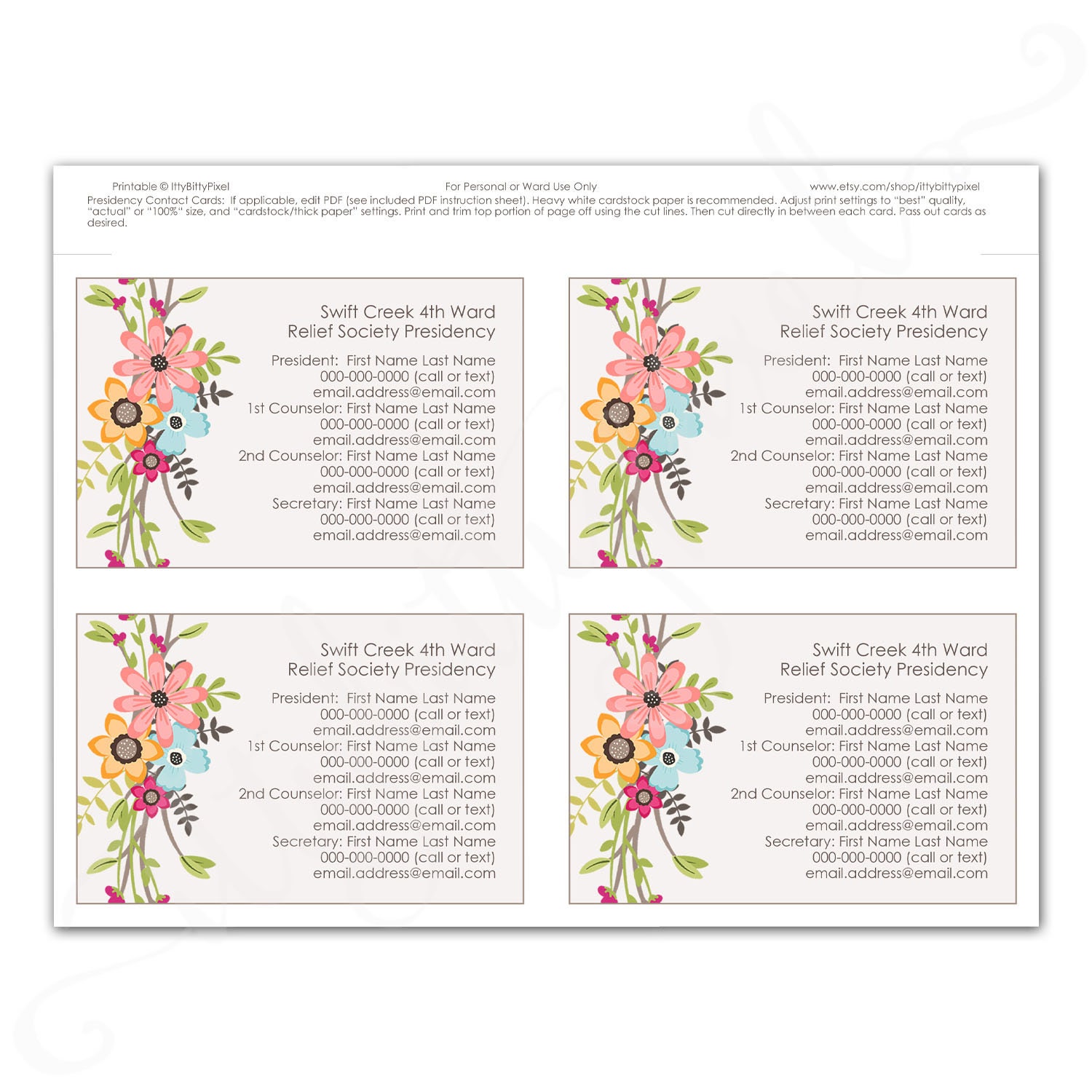 Relief Society Presidency Contact Cards - LDS Editable PDF PRINTABLE Rs ...
