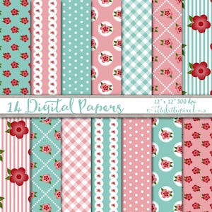 Teal Pink Flower Paper Shabby Chic Digital Paper Pack Floral Country ...