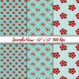 Teal Pink Flower Paper Shabby Chic Digital Paper Pack Floral Country ...