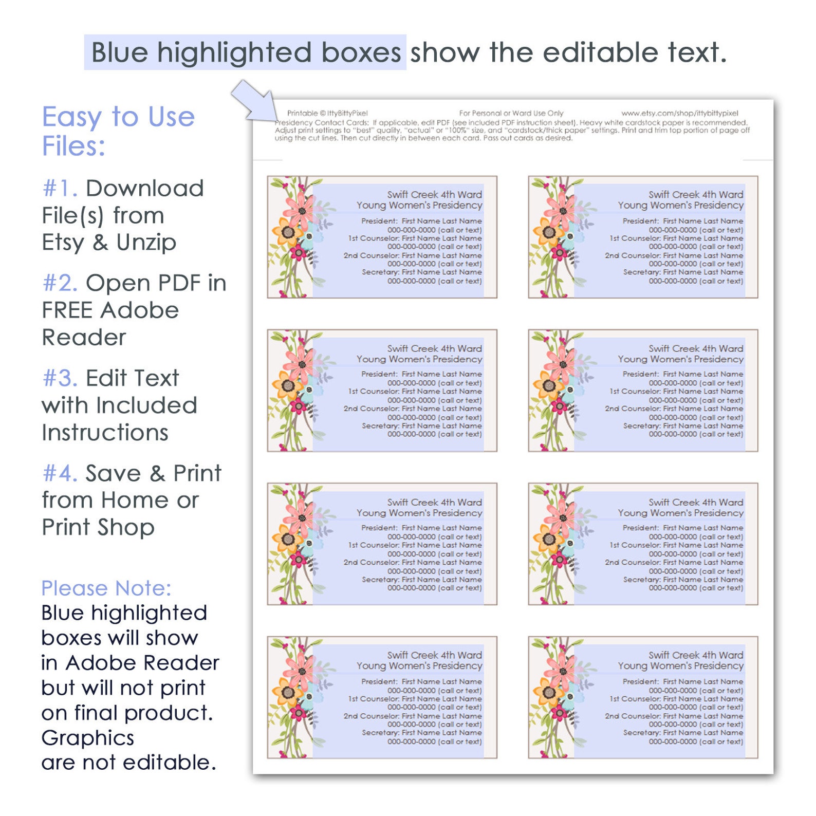 Young Women Presidency Contact Cards - LDS Editable PDF PRINTABLE Yw ...