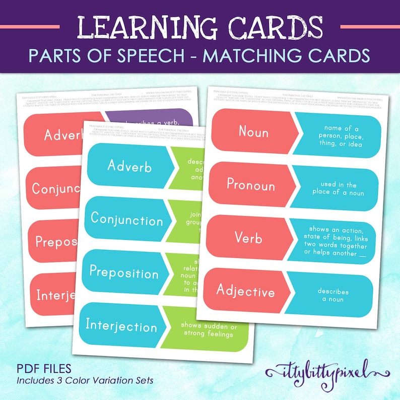 Grammar Matching Cards Parts of Speech Manipulatives Review | Etsy