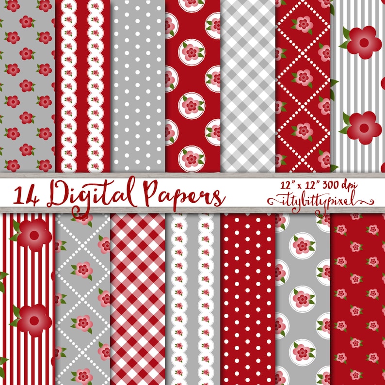 Grey Red Pink Shabby Chic Scrapbook Paper Shabby Chic Digital - Etsy