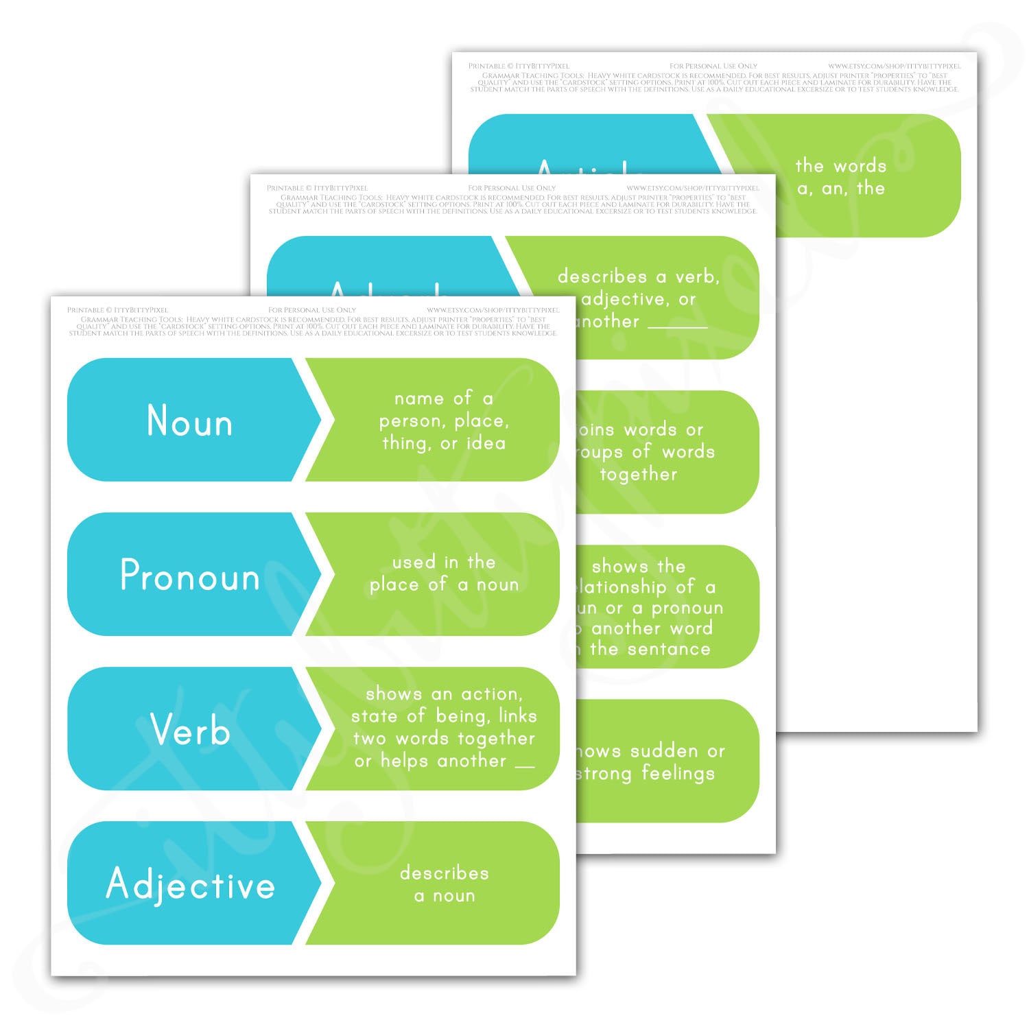 Grammar Matching Cards - Parts of Speech Manipulatives Review School ...