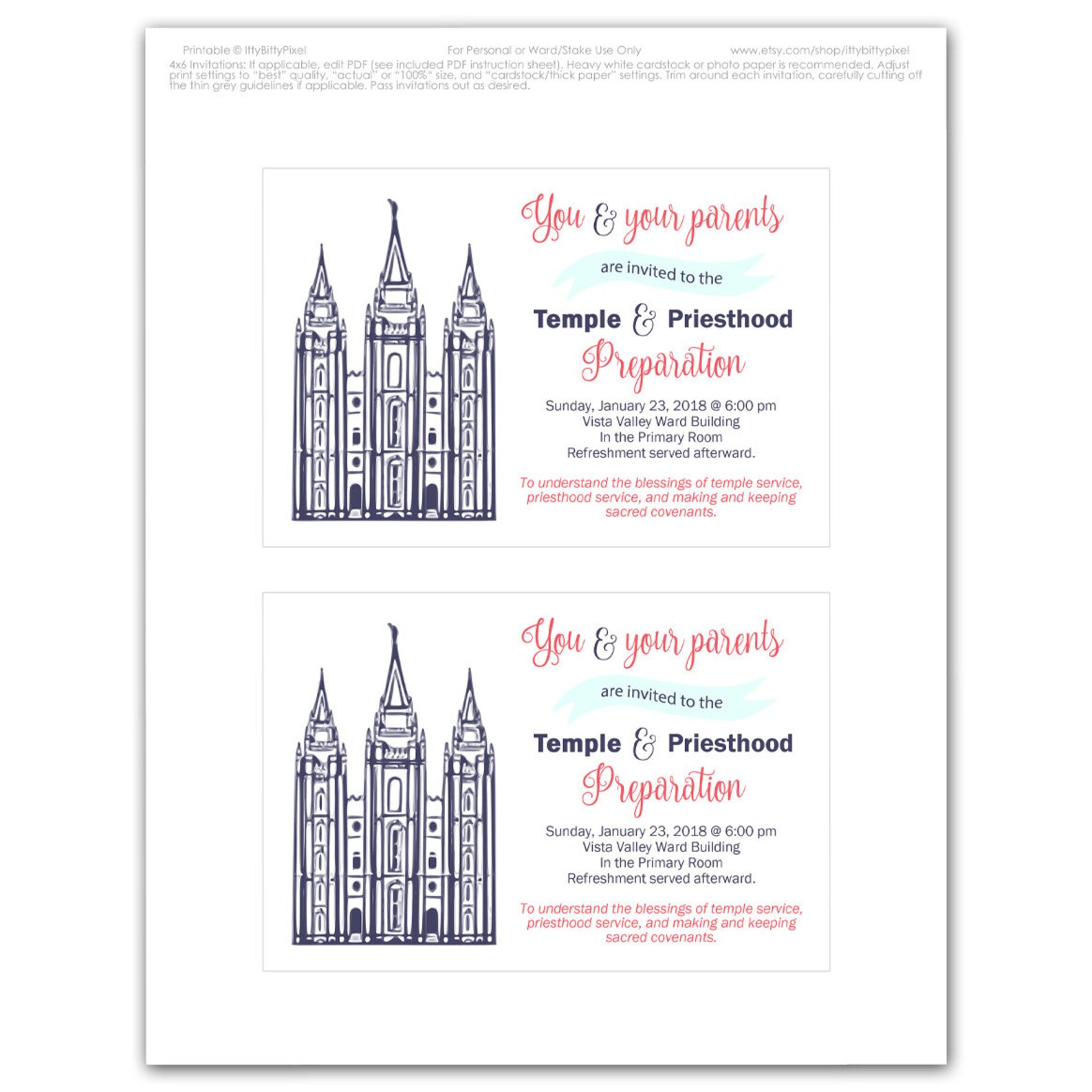 LDS Temple & Priesthood Preparation Invitation Primary - Etsy