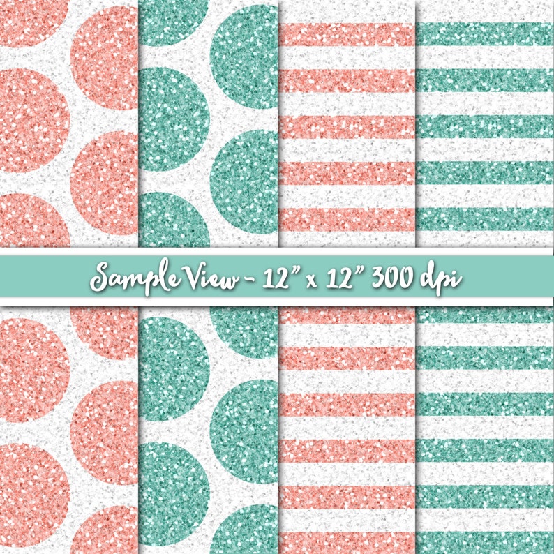 Glitter Teal and Coral Digital Paper, Stripes, Polka Dots, Turqoise ...
