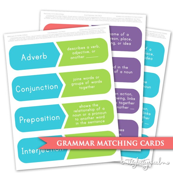 Grammar Matching Cards Parts of Speech Manipulatives Review | Etsy
