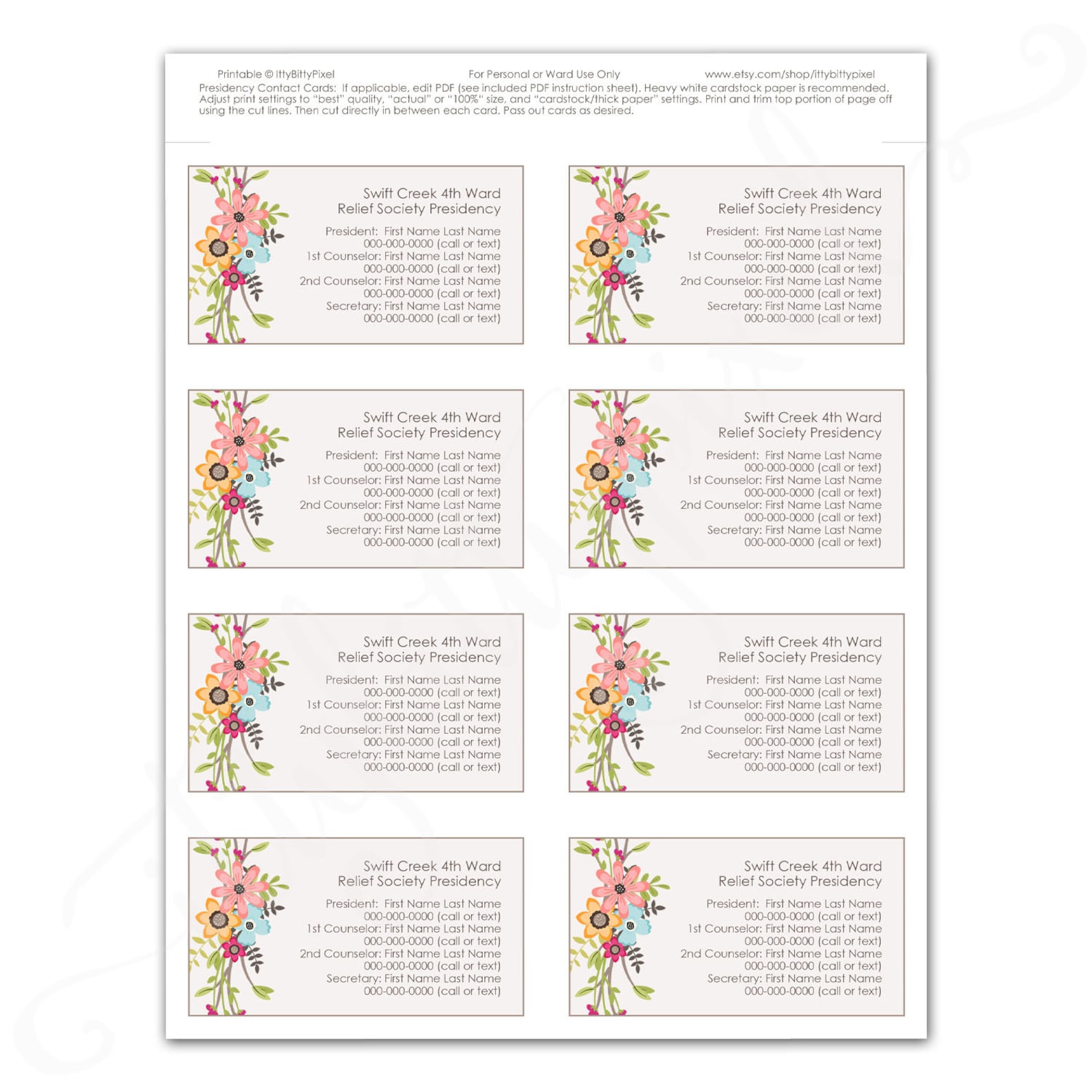 Relief Society Presidency Contact Cards LDS Editable PDF - Etsy