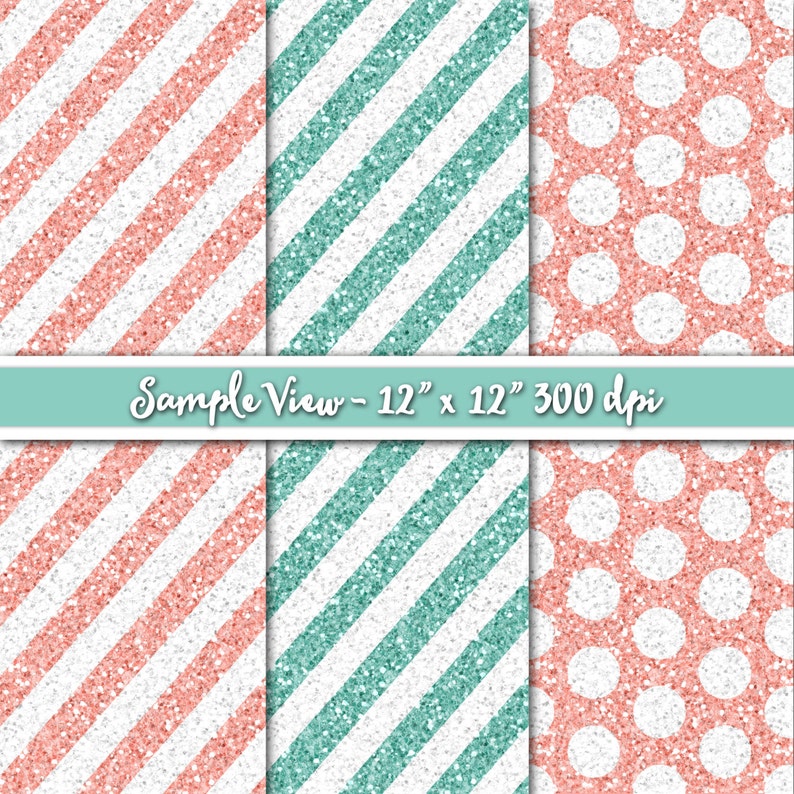 Glitter Teal and Coral Digital Paper, Stripes, Polka Dots, Turqoise ...