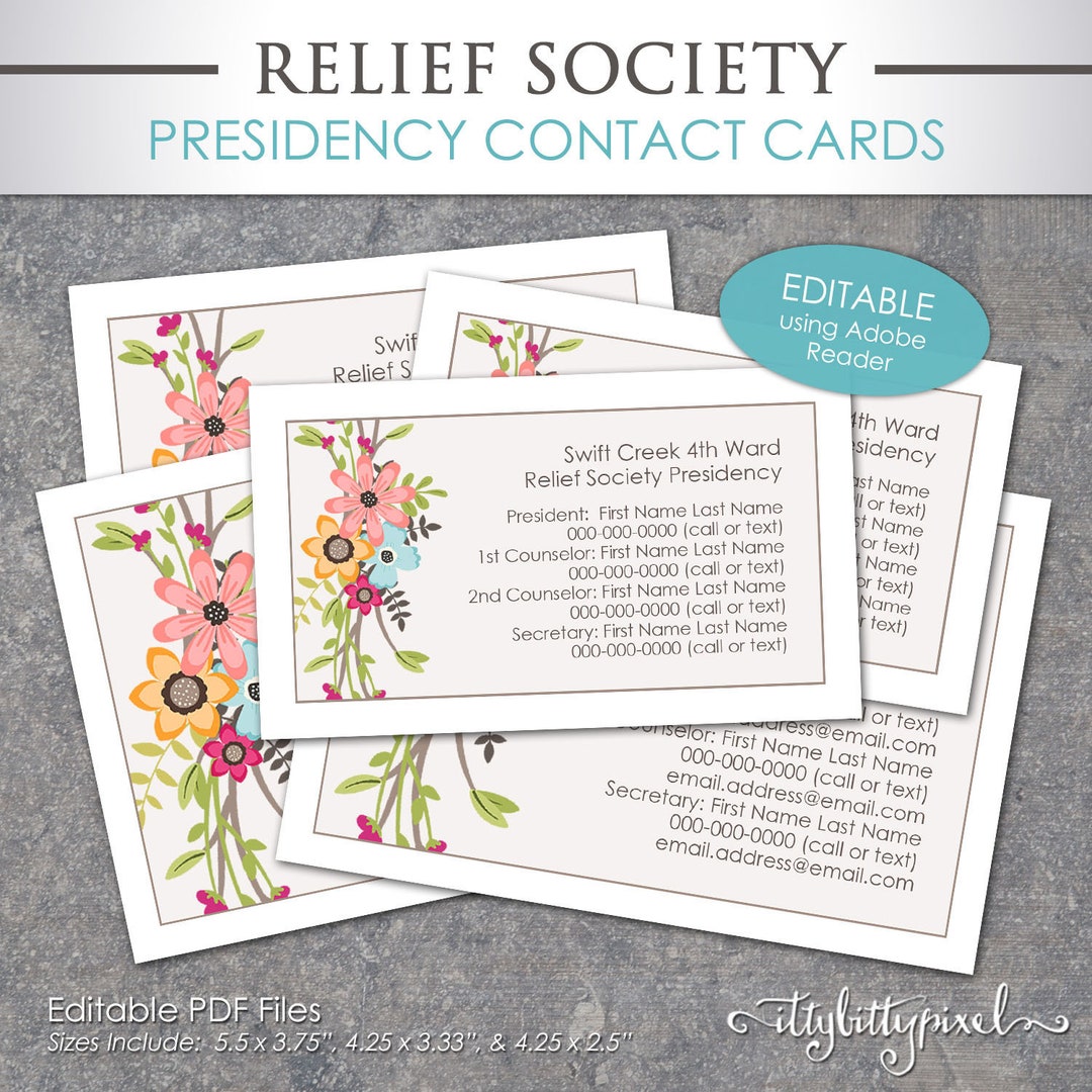 Relief Society Presidency Contact Cards - LDS Editable PDF PRINTABLE Rs ...