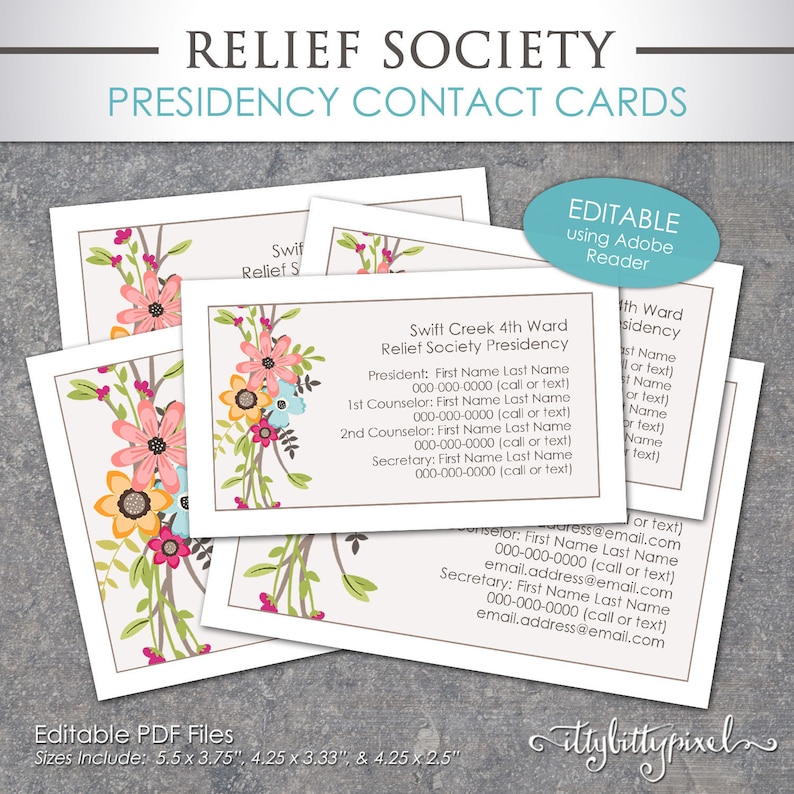Relief Society Presidency Contact Cards LDS Editable PDF - Etsy