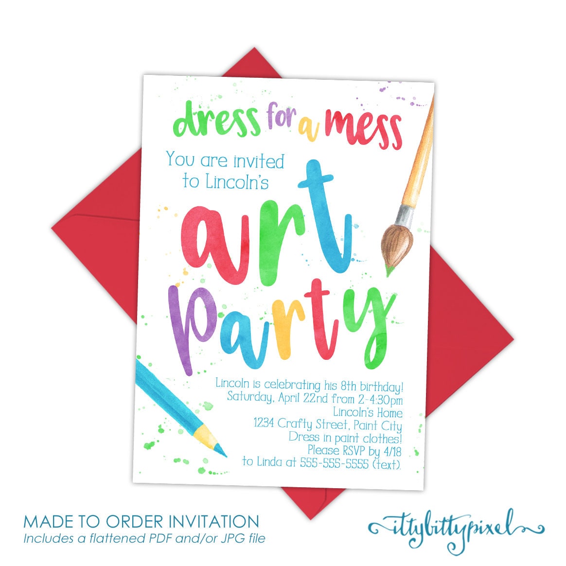 Art Party Invitation - Birthday Announcement Invite Digital Customized ...