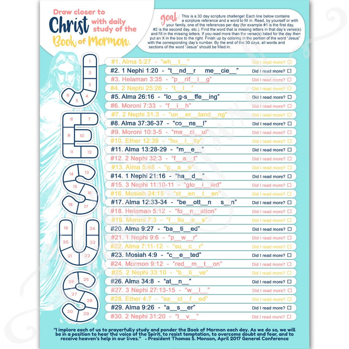 Book of Mormon Scripture Reading Challenge LDS Chart Primary - Etsy