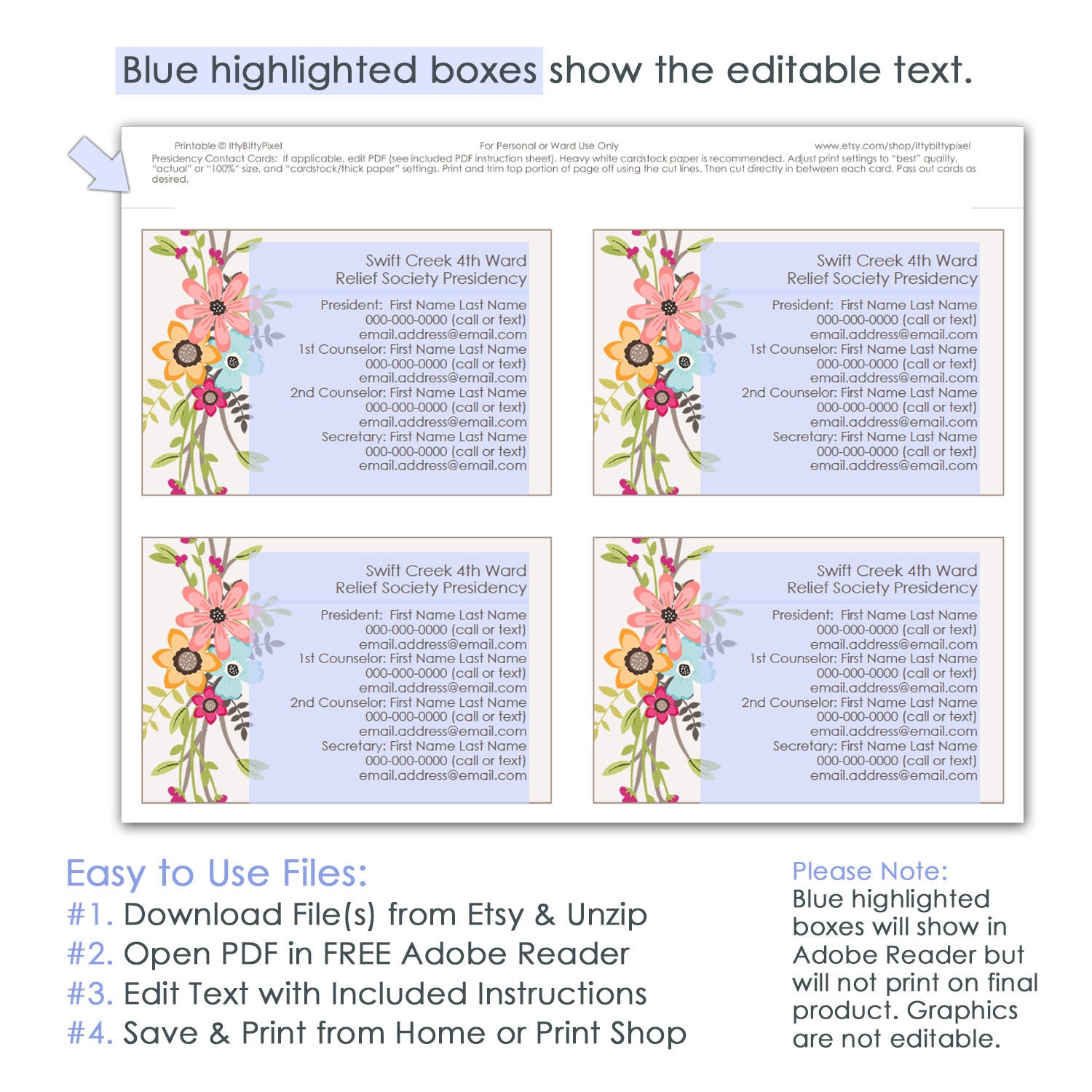 Relief Society Presidency Contact Cards - LDS Editable PDF PRINTABLE Rs ...