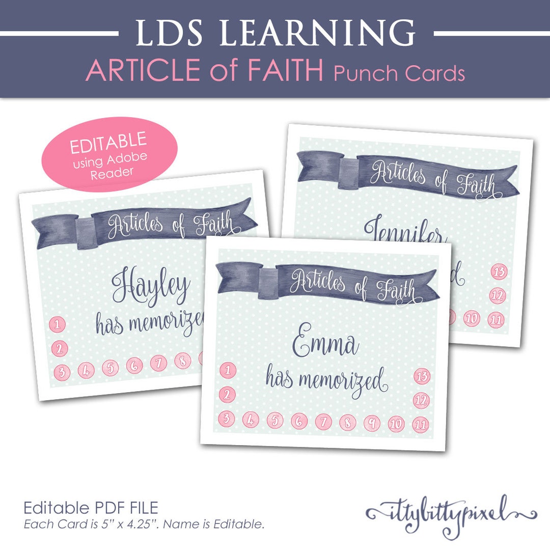 LDS Article of Faith Punch Cards - Editable Pdf PRINTABLE Digital ...
