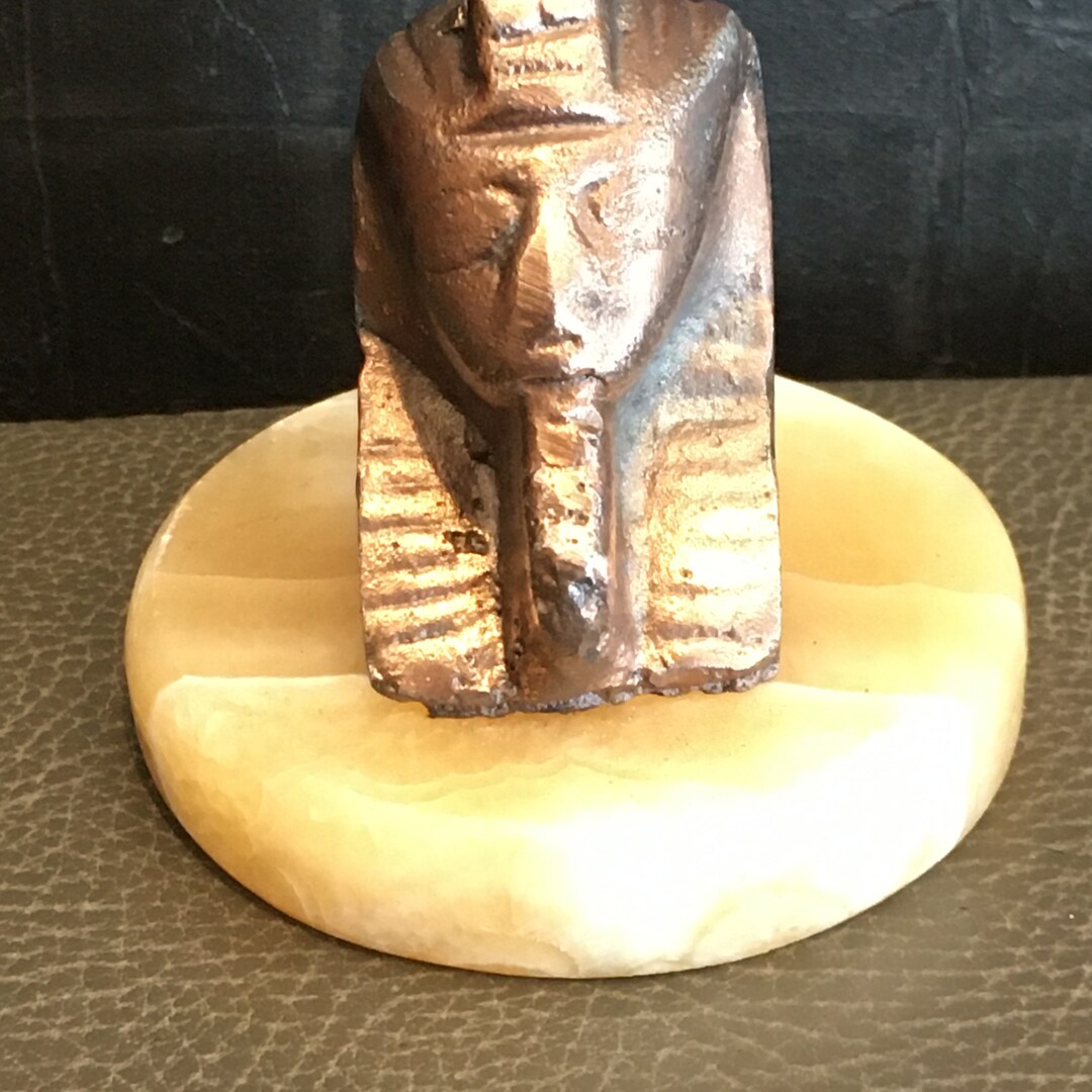 Vintage Copper Bronze Tone Pharaoh King Tut Head on Round Alabaster ...