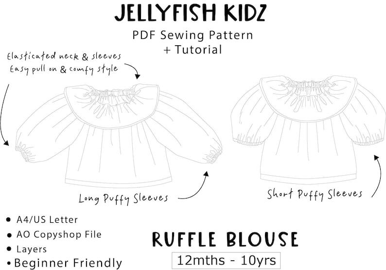 Ruffle Blouse PDF Sewing Pattern Long & Short Puff Sleeve. - Etsy