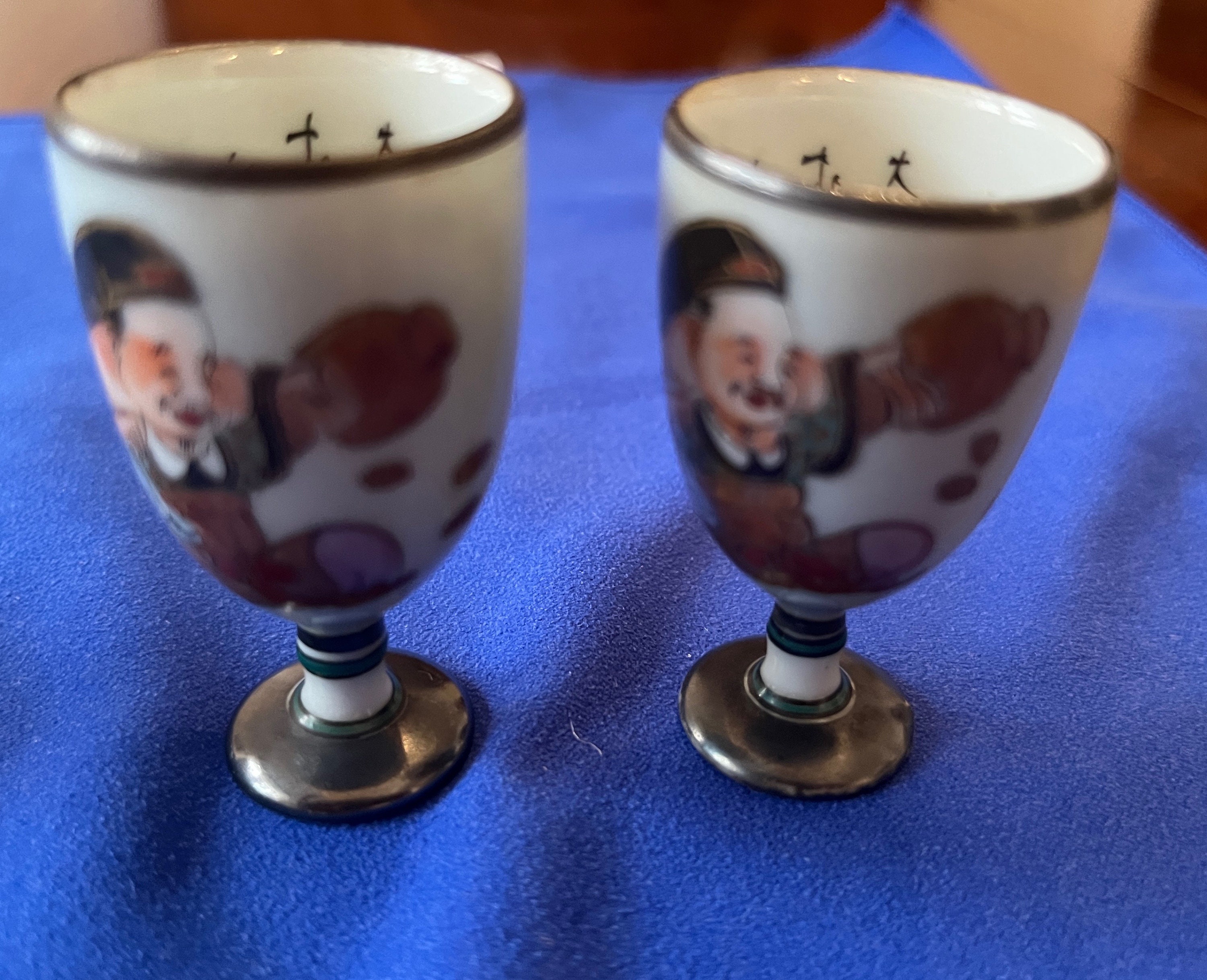8 Antique Japanese Porcelain Kutani Footed Sake Cups -waka Poems Inside ...